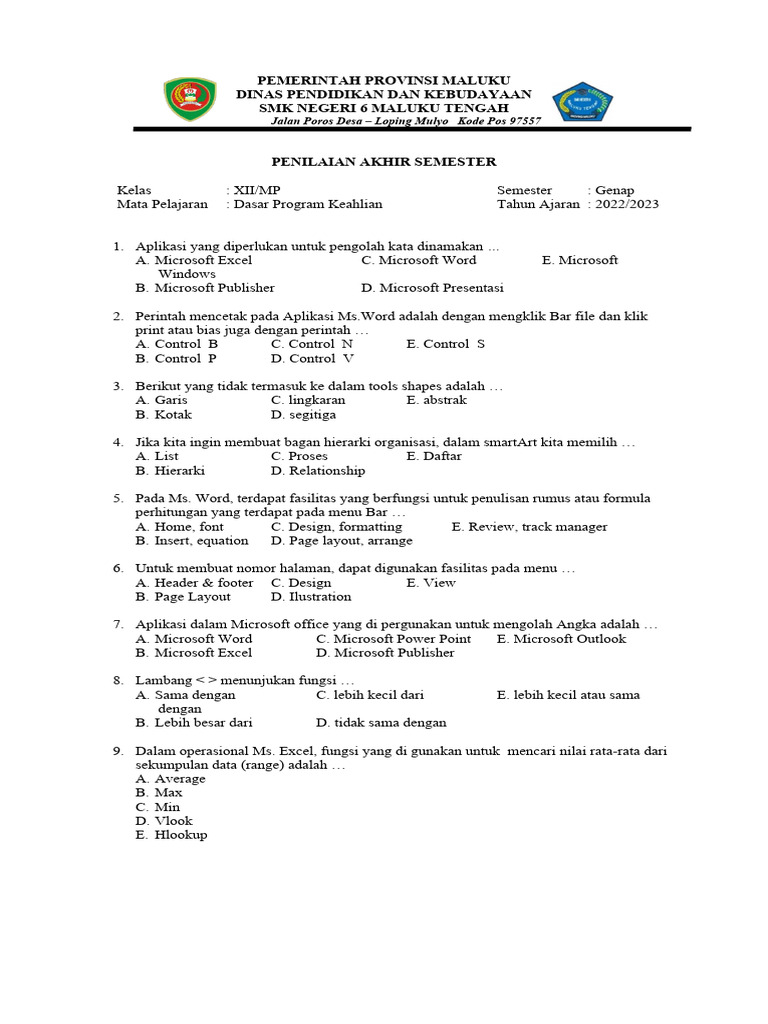 Uas Dasar-Dasar Program Keahlian KLS Xii MP | PDF | Seni | Komputer