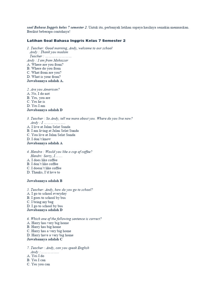 Soal Bahasa Inggris Kelas 7 Semester 2 | PDF
