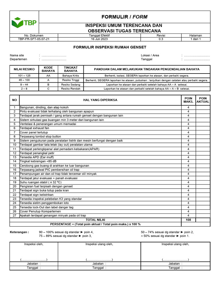 TBP-FR-SFT-05.07-21 Form Inspeksi Umum Terencana Rumah Genset - R0.3 | PDF