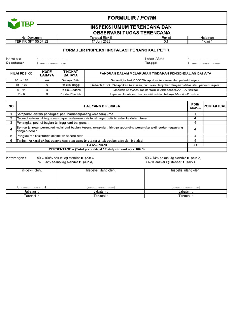TBP-FR-SFT-05.07-22 Form Inspeksi Umum Terencana Instalasi Penangkal ...