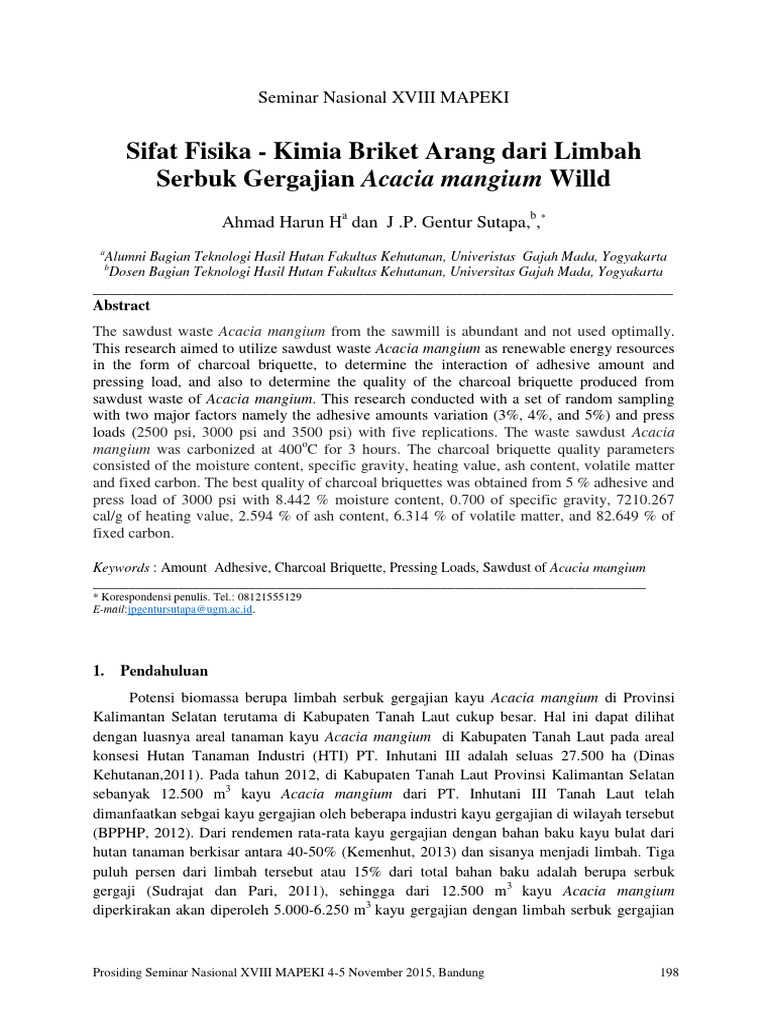 Sifat Fisika-Kimia Briket Arang Dari Limbah Serbuk Gergajian Acacia Mangium-1 | PDF