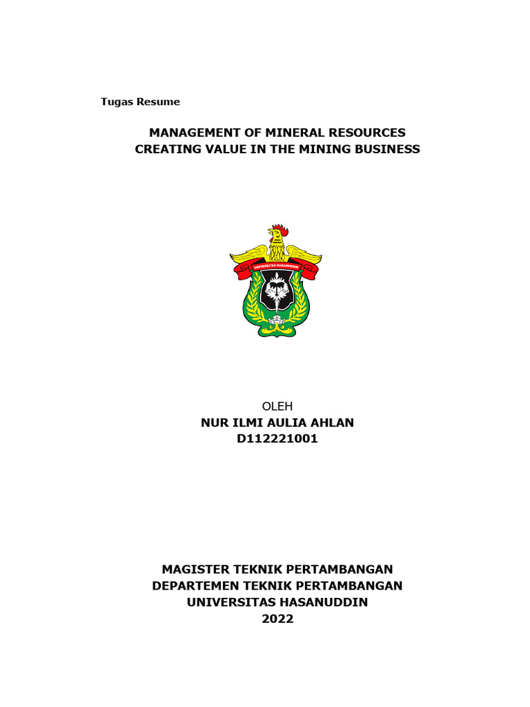 MANAGEMENT OF MINERAL RESOURCES CREATING VALUE IN THE MINING BUSINESS | PDF
