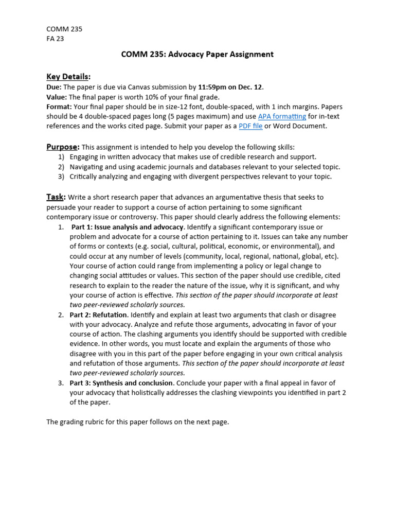 Advocacy Paper Assignment | PDF | Thesis | Rubric (Academic)