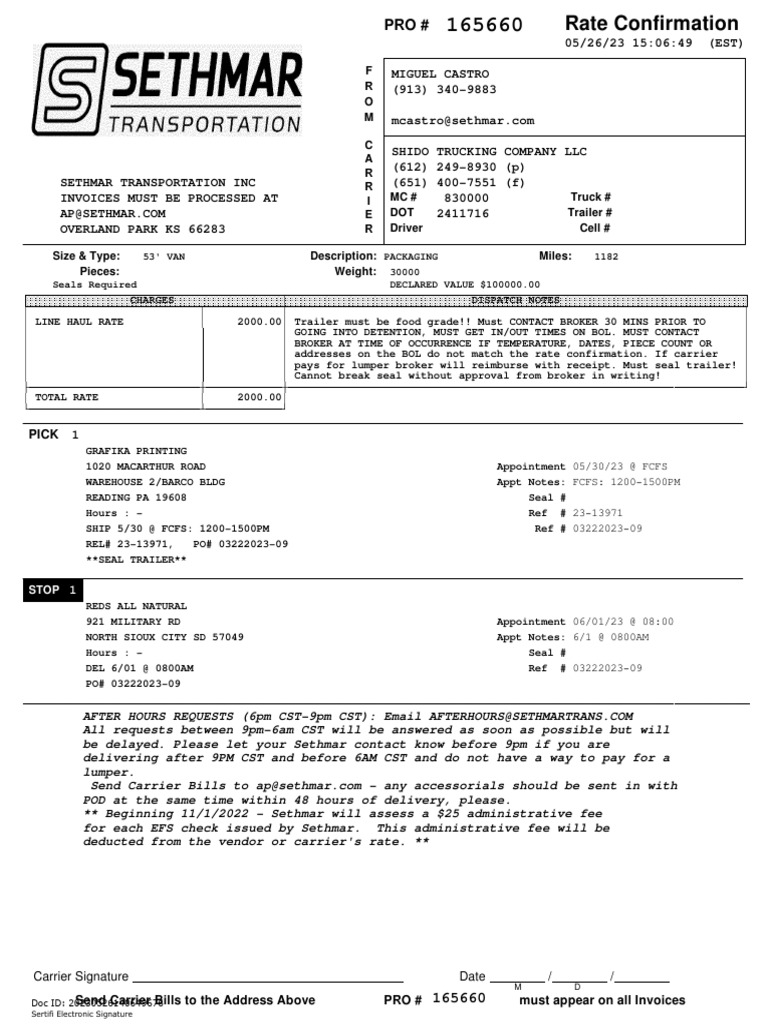 Rate Confirmation | PDF
