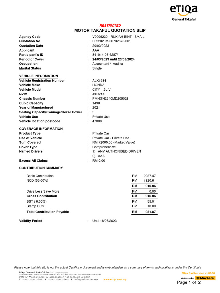 Motor Quotation Slip96 | PDF
