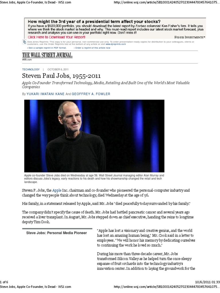 2011-10-05 - Steve Jobs, Apple Founder, Is Dead | PDF | Apple Inc ...