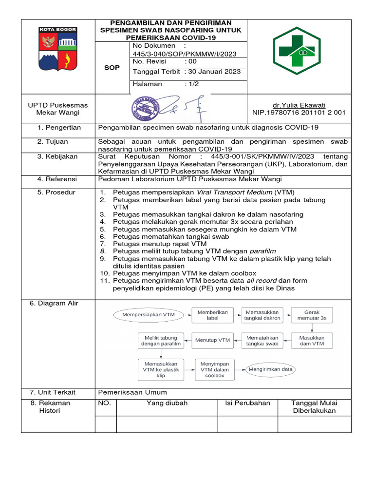 Sop Pengambilan Dan Pengiriman Spesimen Swab Nasofaring Untuk Pemeriksaan Covid-19 | PDF