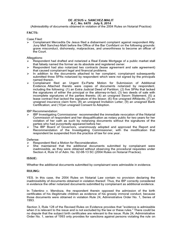 2 Case Digest - de Jesus v. Sanchez-Malit | PDF | Notary Public | Affidavit
