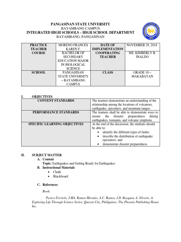 Sample Lesson Plan - 1 | PDF | Fault (Geology) | Earthquakes