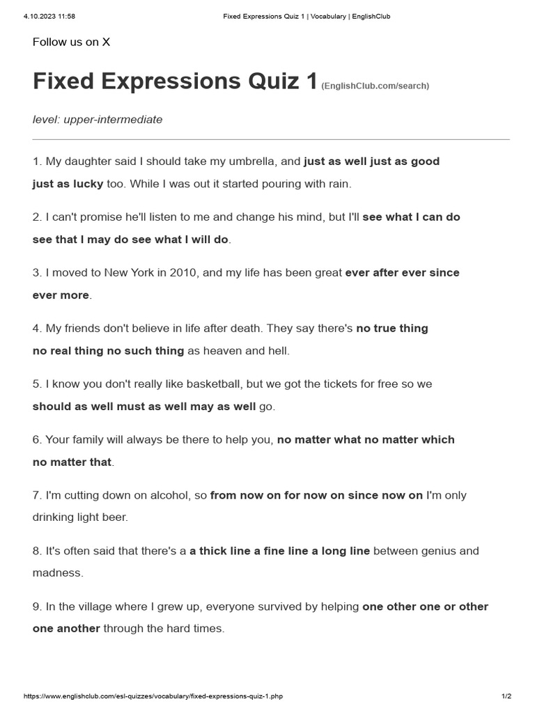 Fixed Expressions Quiz 1 - Vocabulary - EnglishClub | PDF | Sports ...