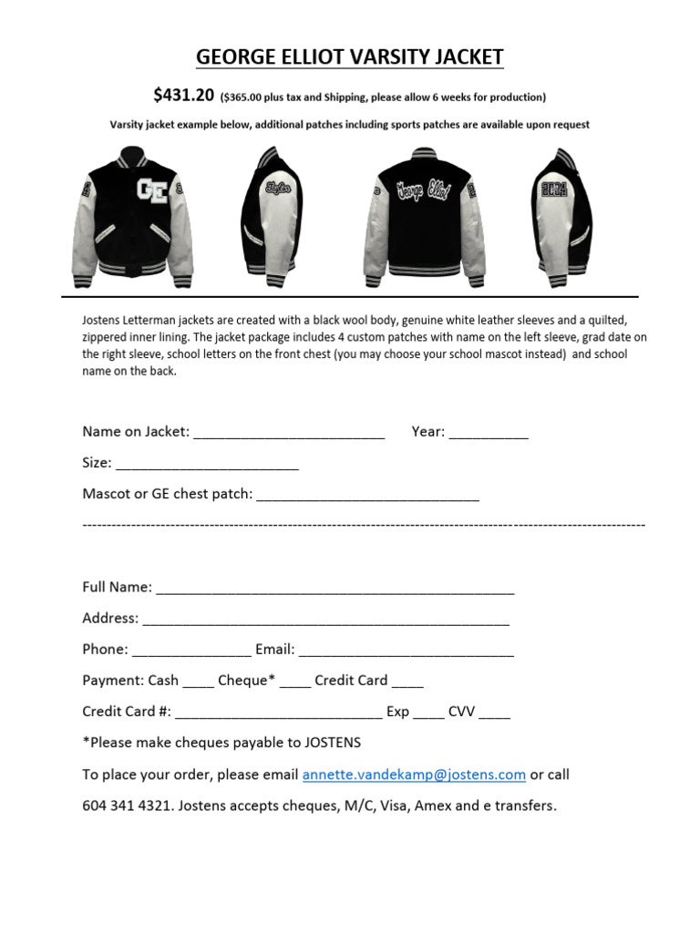 Jostens Varsity Jacket Order Form | PDF