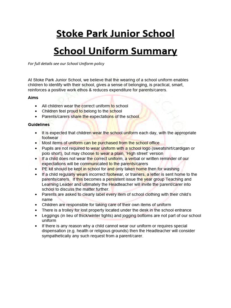 Stoke Park Junior School Uniform Summary | PDF