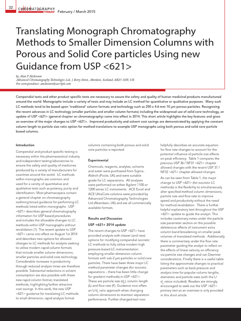 Translating Monograph Chromatography Methods To Smaller Dimension ...