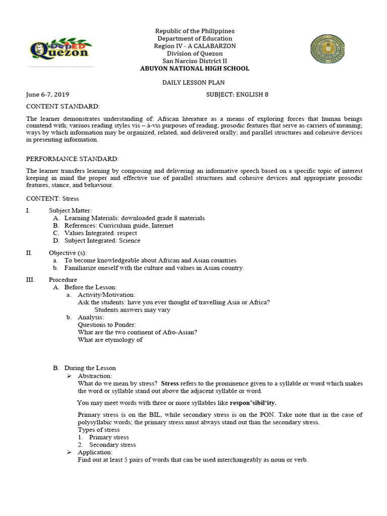 Daily Lesson Plan for English 8 | PDF