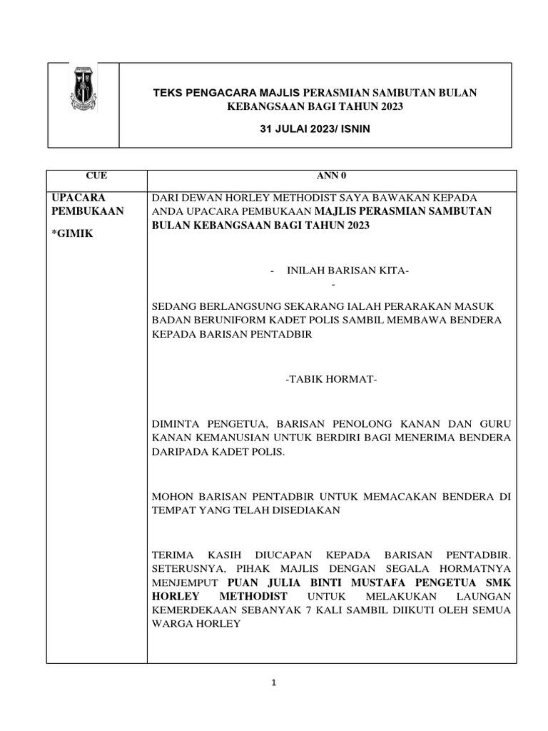 Teks Pengacara Majlis Perasmian Sambutan Bulan Kemerdekaan | PDF