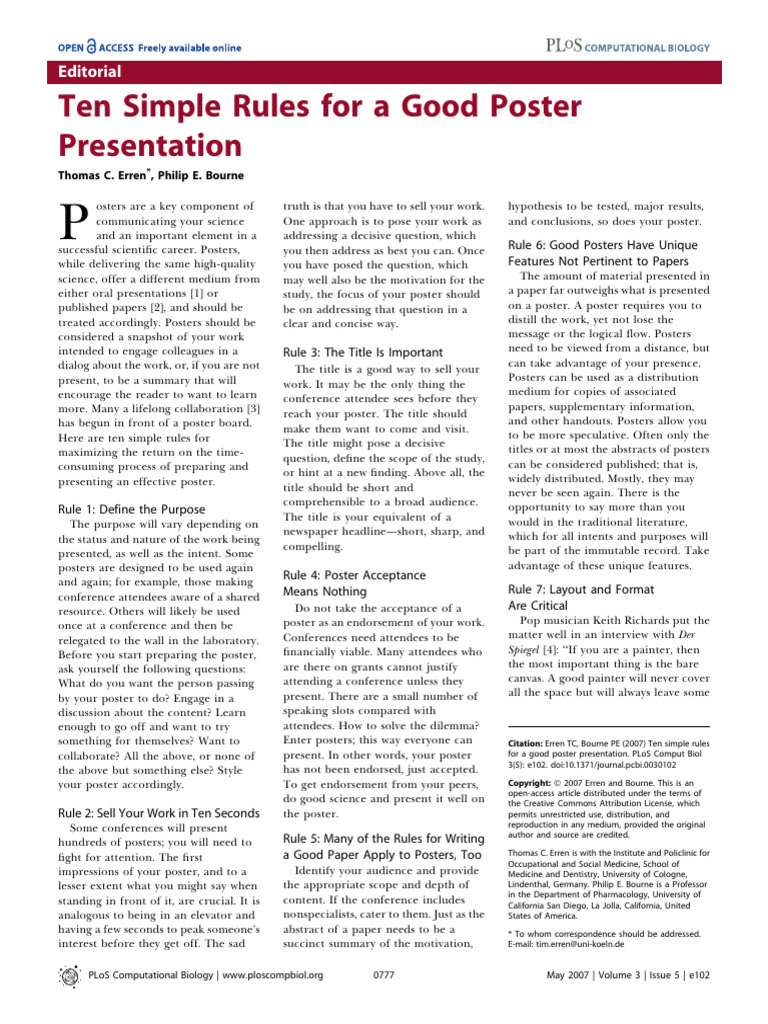 Erren & Bourne 2007 Ten Simple Rules For A Good Poster | PDF | Open ...