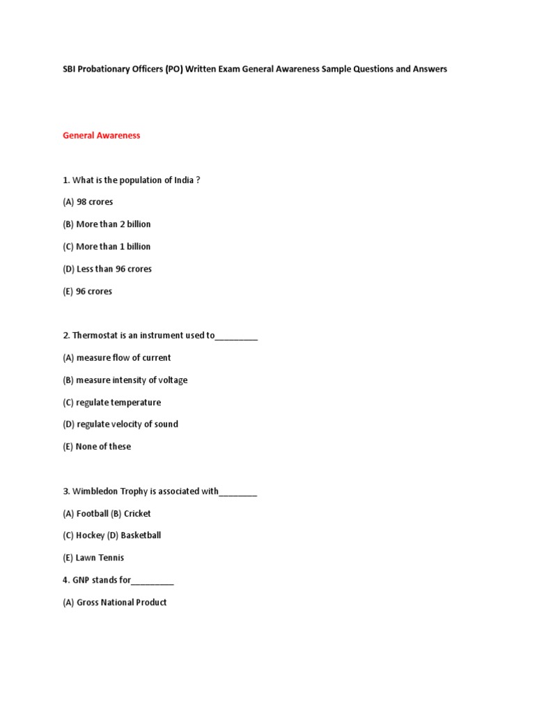 SBI PO Exam General Awareness Sample | PDF
