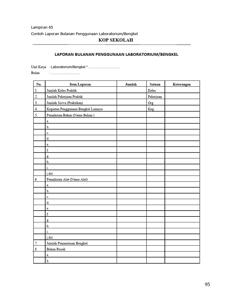 Lampiran 65. Contoh Laporan Bulanan Penggunaan Laboratorium Bengkel | PDF