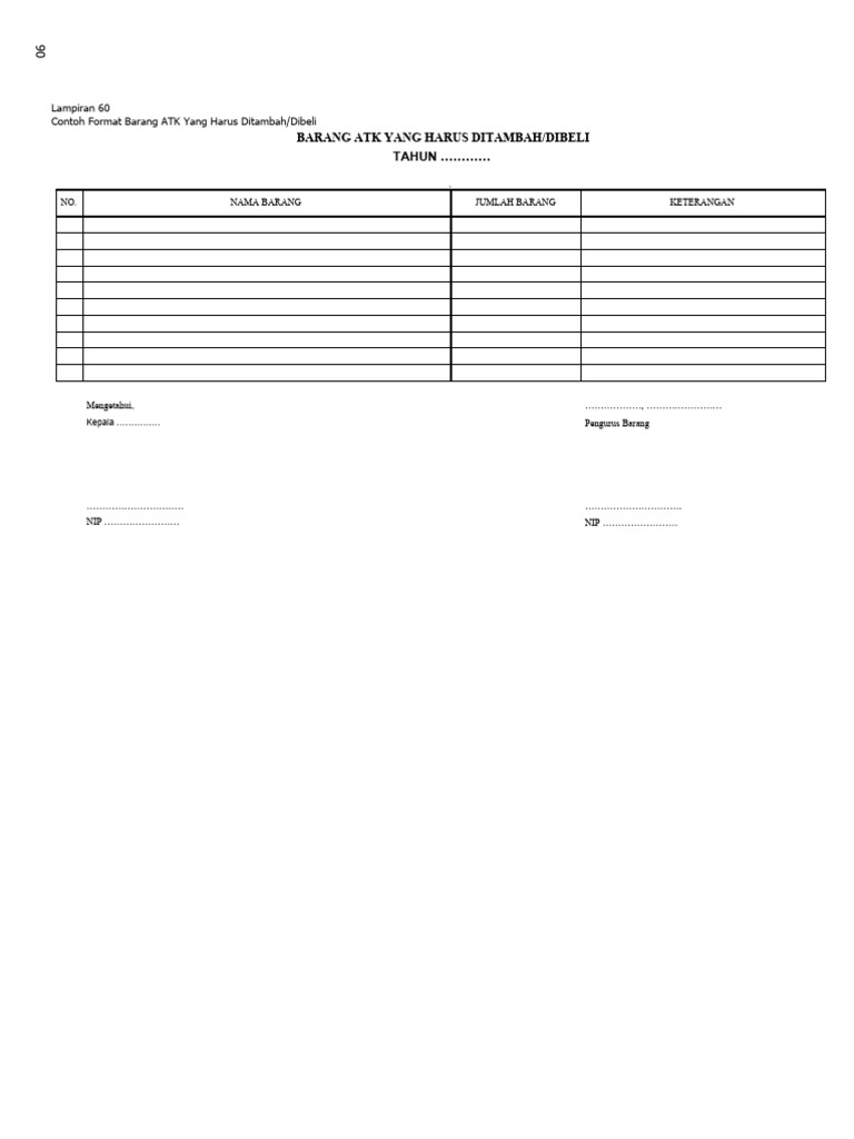 Lampiran 60. Contoh Format Barang ATK Yang Harus Ditambah Dibeli | PDF