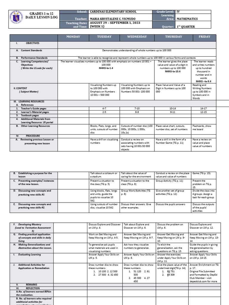 DLL - Math 4 - Q1 - W1 | PDF | Learning | Teachers