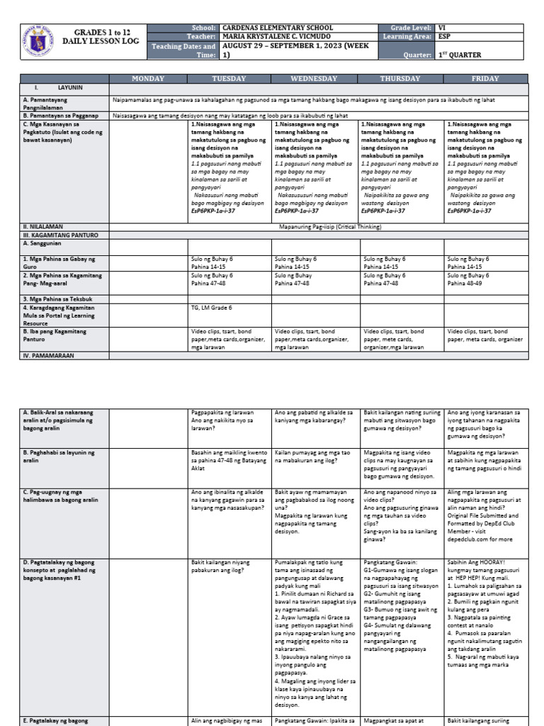 DLL - Esp 6 - Q1 - W1 | PDF