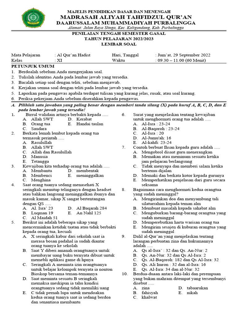 Soal PTs Quds Kls 11 Sem 1 | PDF