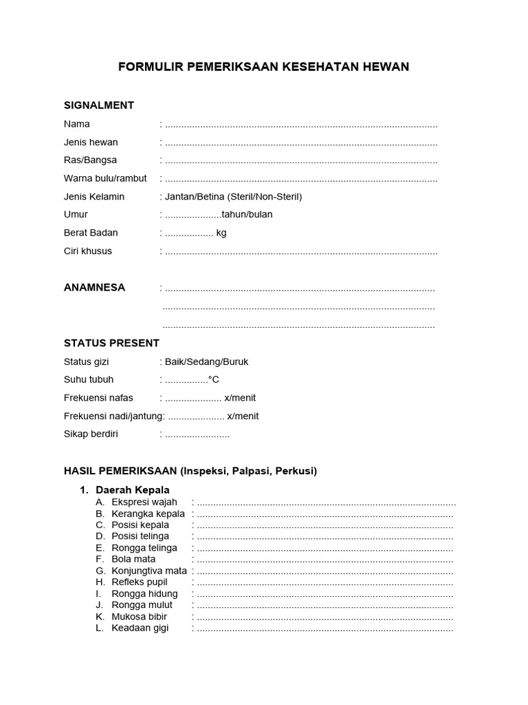 Formulir Pemeriksaan Kesehatan Hewan | PDF