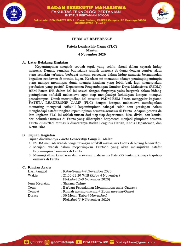 TOR Mentor Fateta Leadership Camp (FLC) | PDF