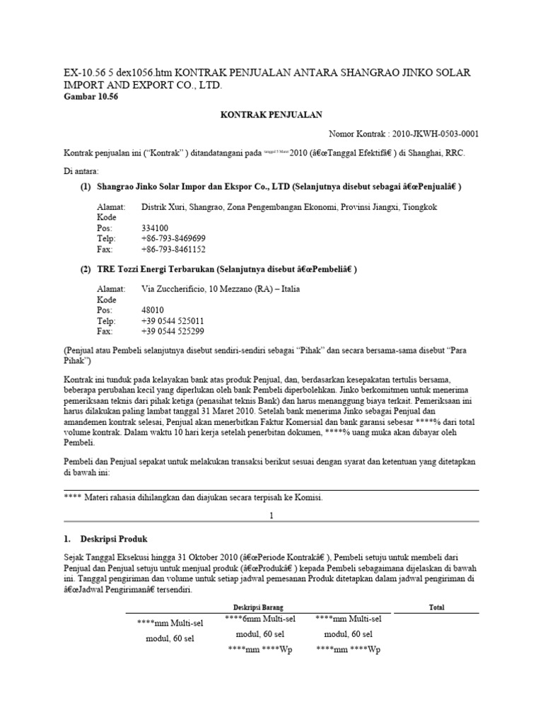 Sales Contract Between Shangrao Jinko Solar Import and Export Co (1 ...