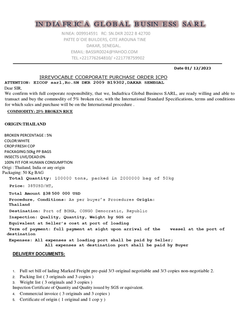 Rice Purchase Order Details | PDF