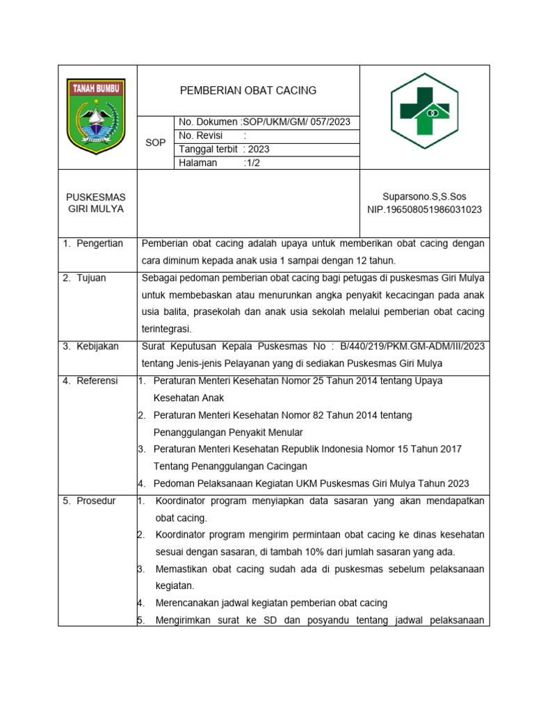 Sop Pemberian Obat Cacing | PDF