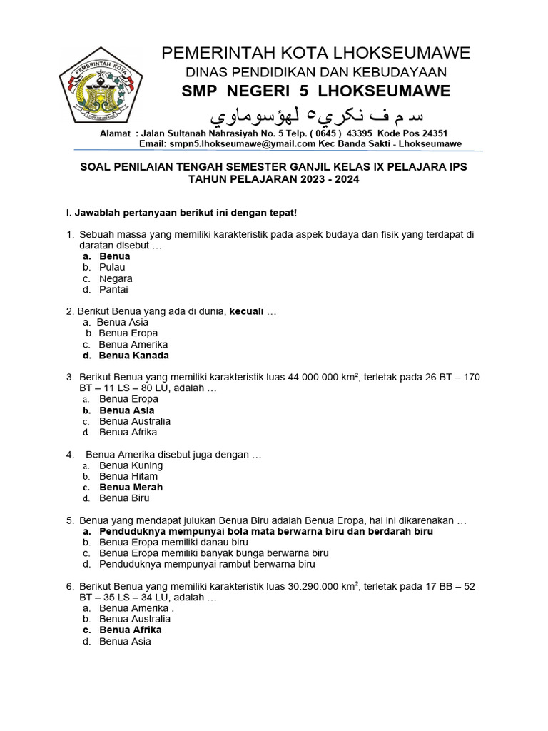 Soal PTS Kelas IX Tahun 2023-2024 Semester Ganjil | PDF