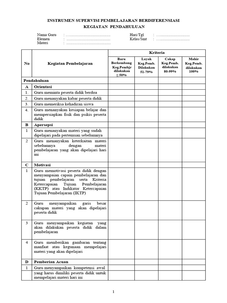 Instrumen Supervisi KBM-Berdiferensiasi | PDF