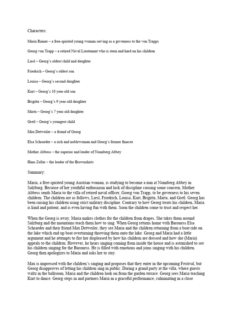 Characters, Summary of the Sound of Music | PDF