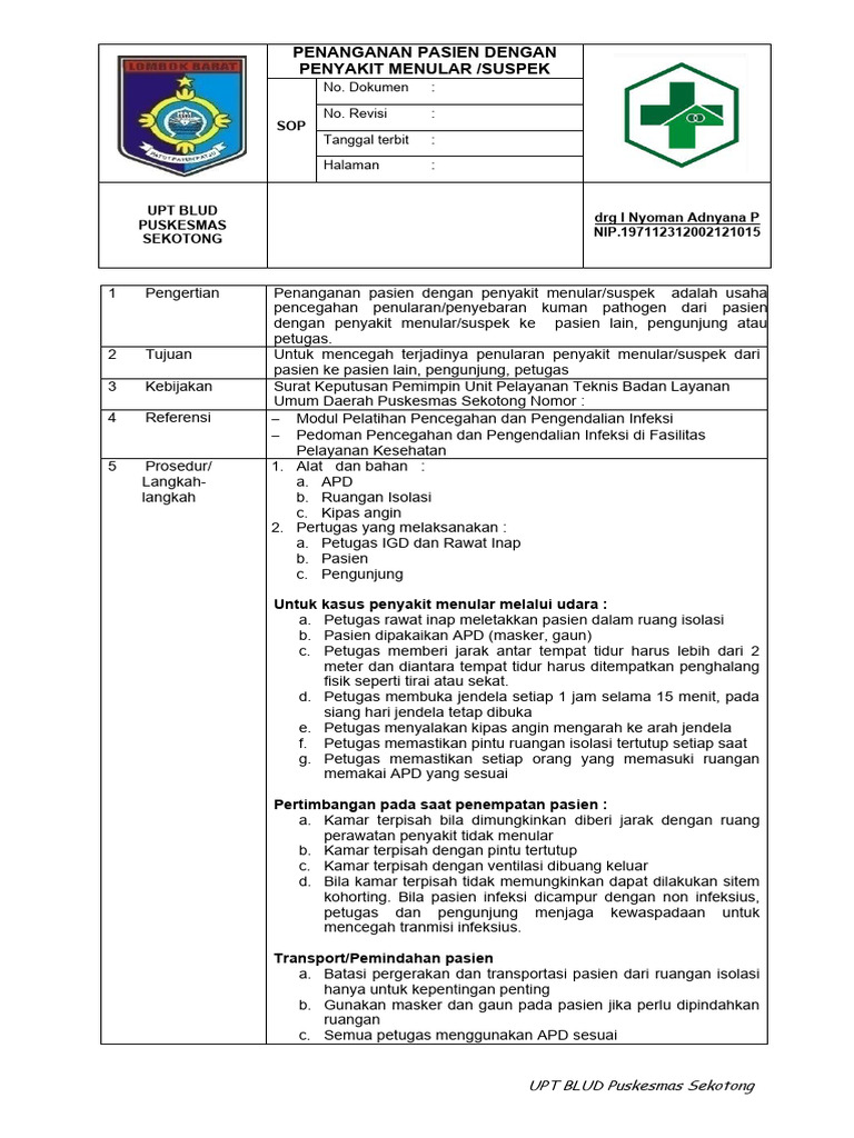 Sop Penangangan Pasien Dengan Penyakit Menular | PDF