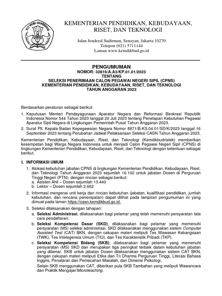 Pengumuman Cpns Kemendikbud 2023 Hal 1 - 10 | PDF