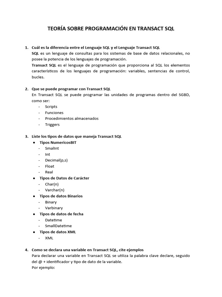 Teoría Sobre Programación en Transact SQL | PDF | SQL | Lenguaje de programación