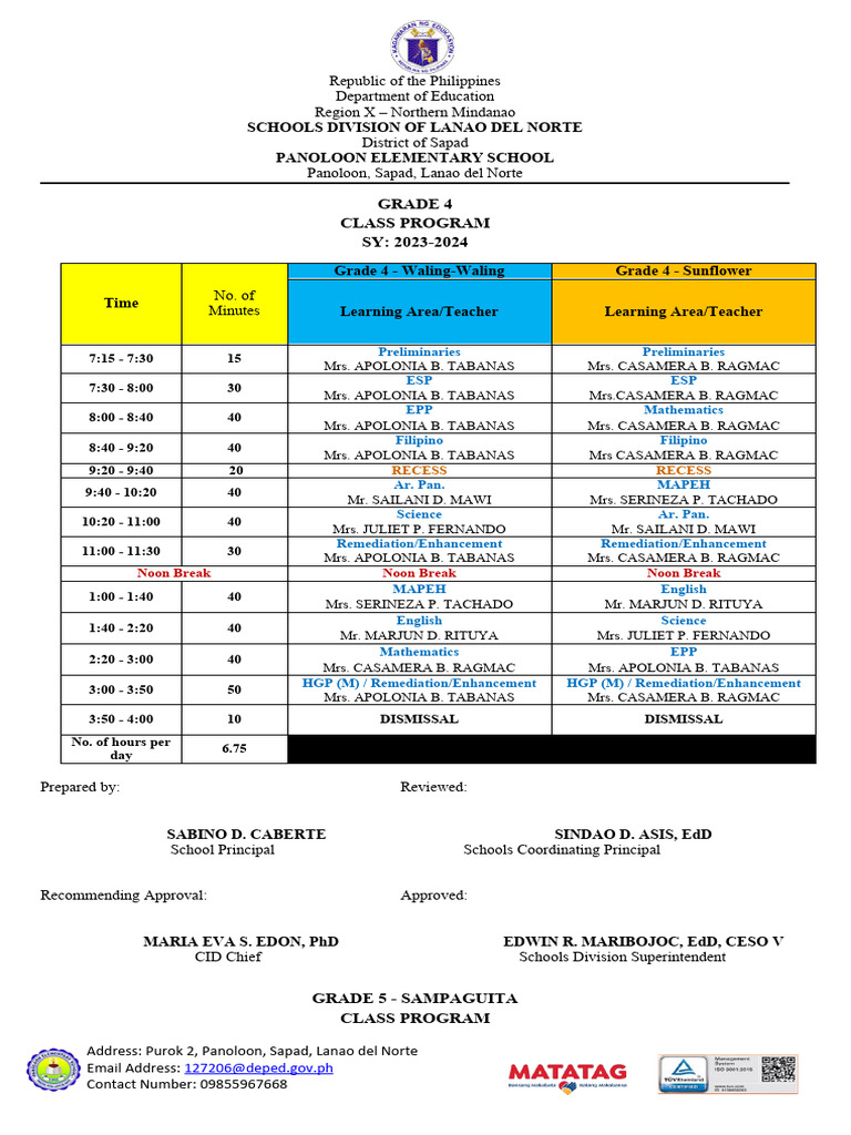 PANOLOON - CLASS PROGRAM SY 2023 2024 Edited | PDF | Schools | Philippines