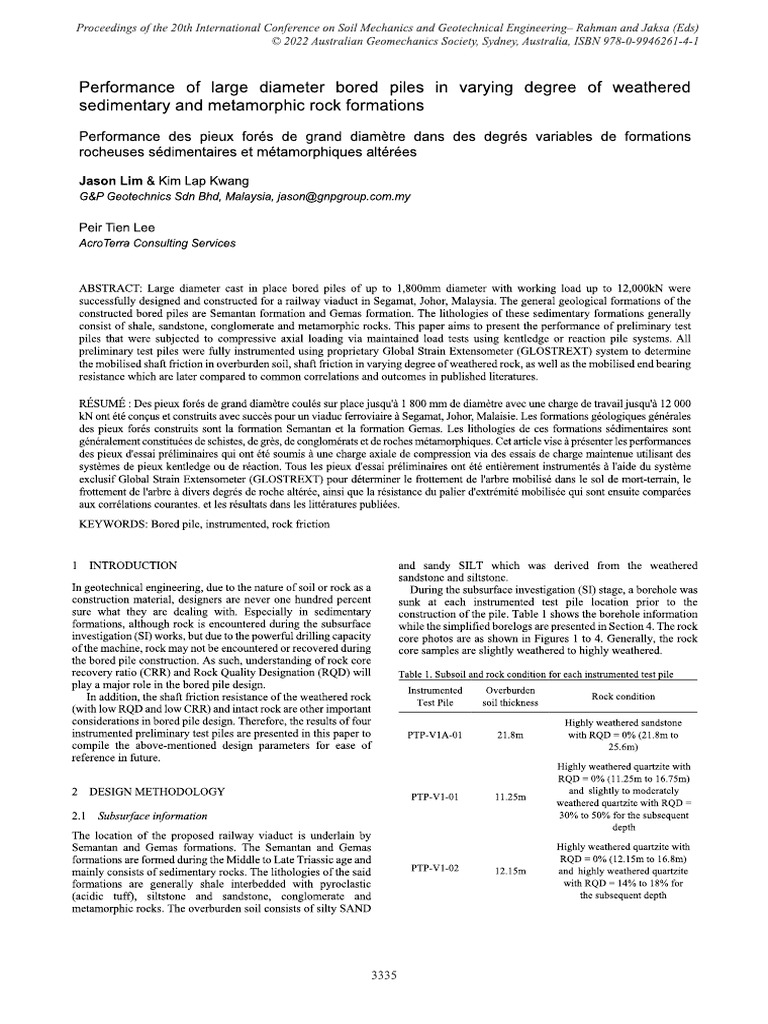 Lim Et Al. (2022) - Bored Pile Weathered Sedimentary Metamorphic Rock | PDF