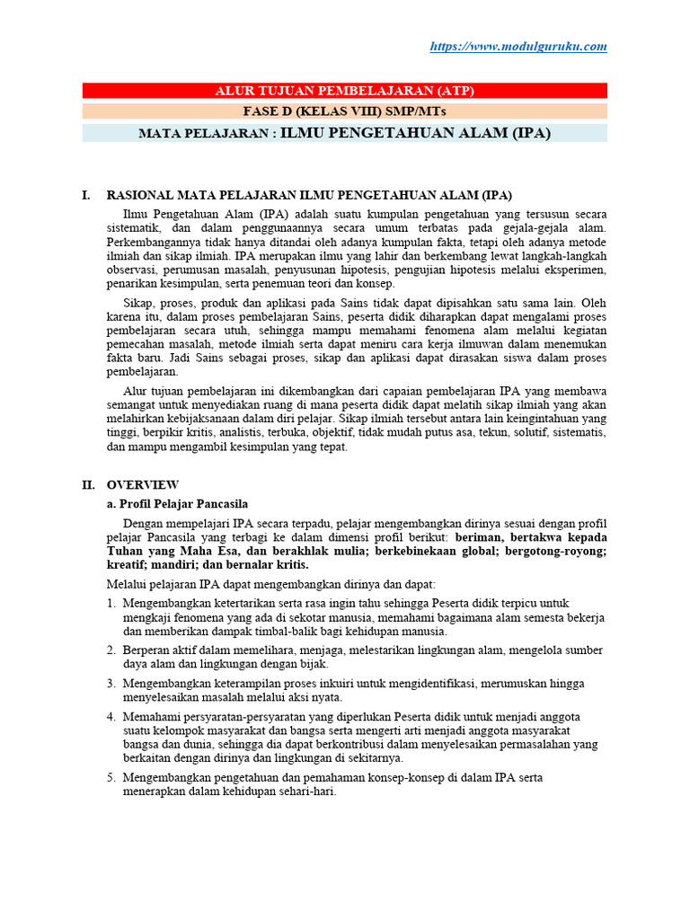 Alur Tujuan Pembelajaran (ATP) IPA Kelas 8 SMP Fase D | PDF