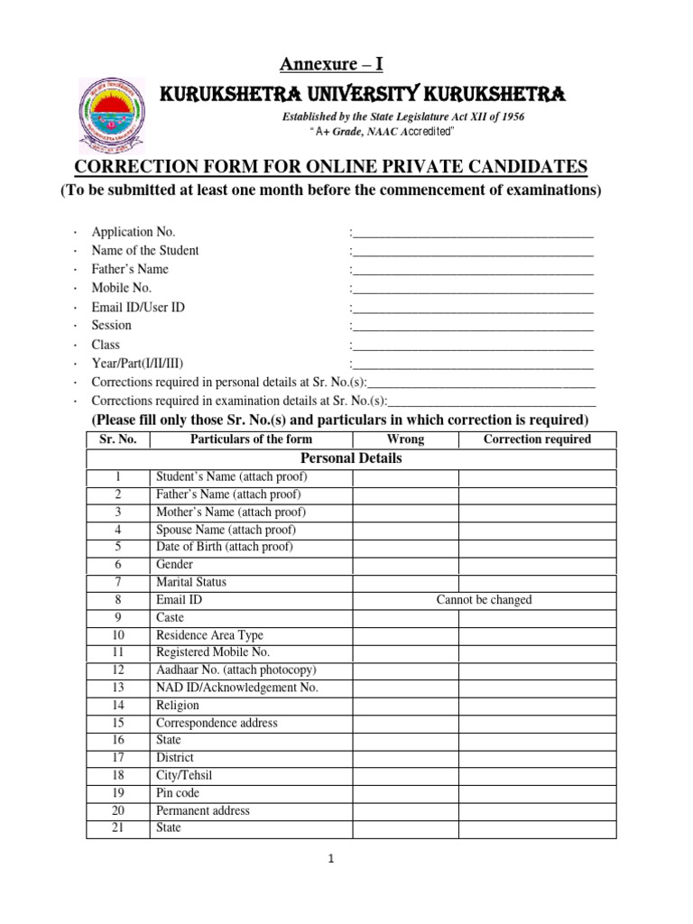 Annexure-I Correction Form | PDF