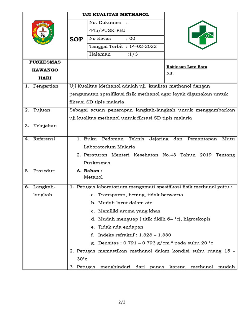 Sop Uji Kualitas Methanol | PDF