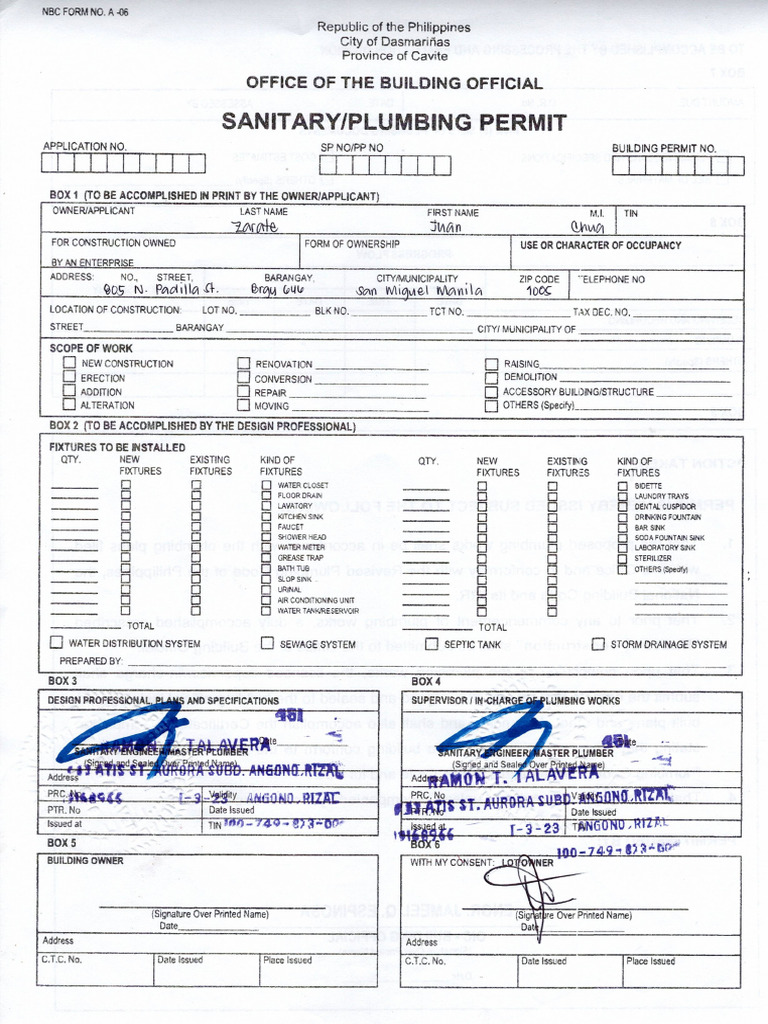 Plumbing Sanitary Permit | PDF