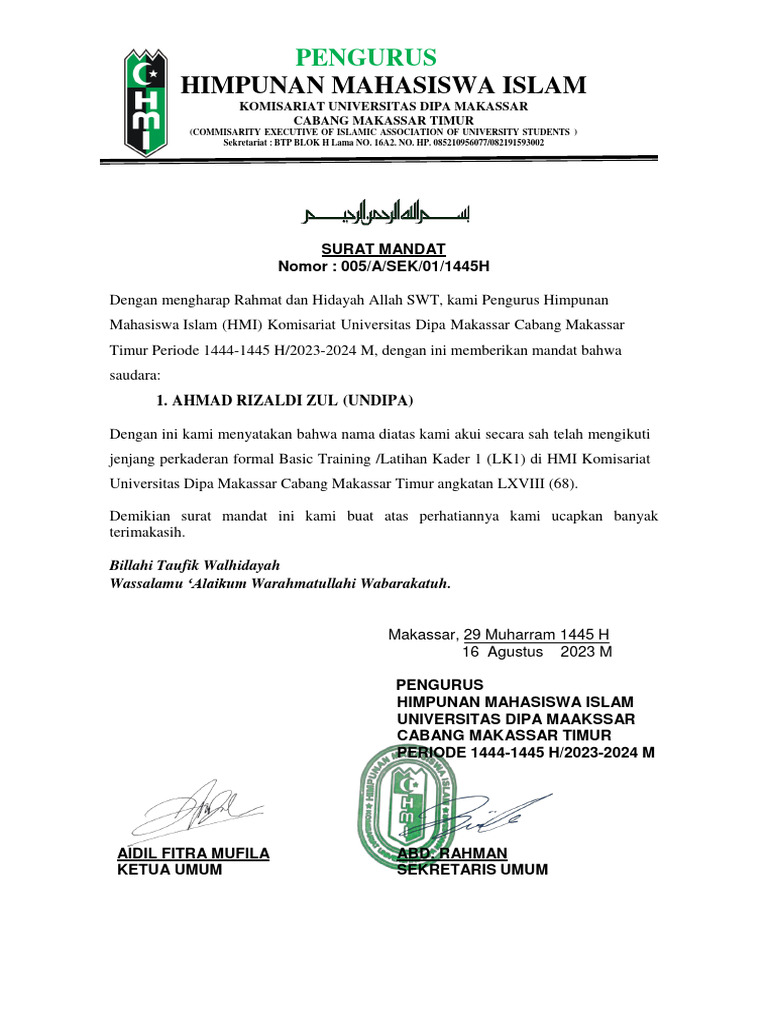 contoh Surat mandat LK2 HmI C.Brebes | PDF