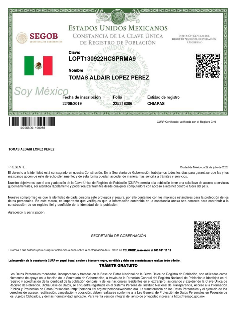 Curp Lopt130922hcsprma9 | PDF