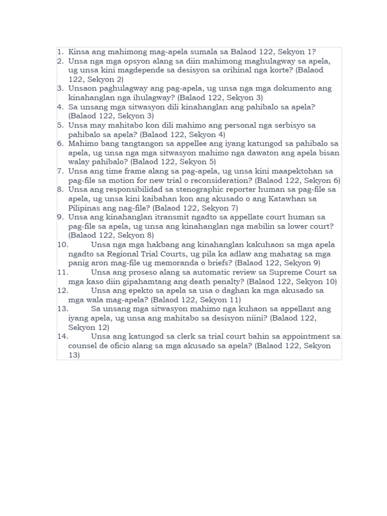 Mga Pangutana Kabahin Sa Pag Apela Sa Kaso | PDF