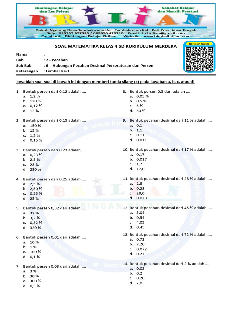 Soal Kelas 4 SD Bab Hubungan Pecahan Desimal Perseratusan Dan Persen ...
