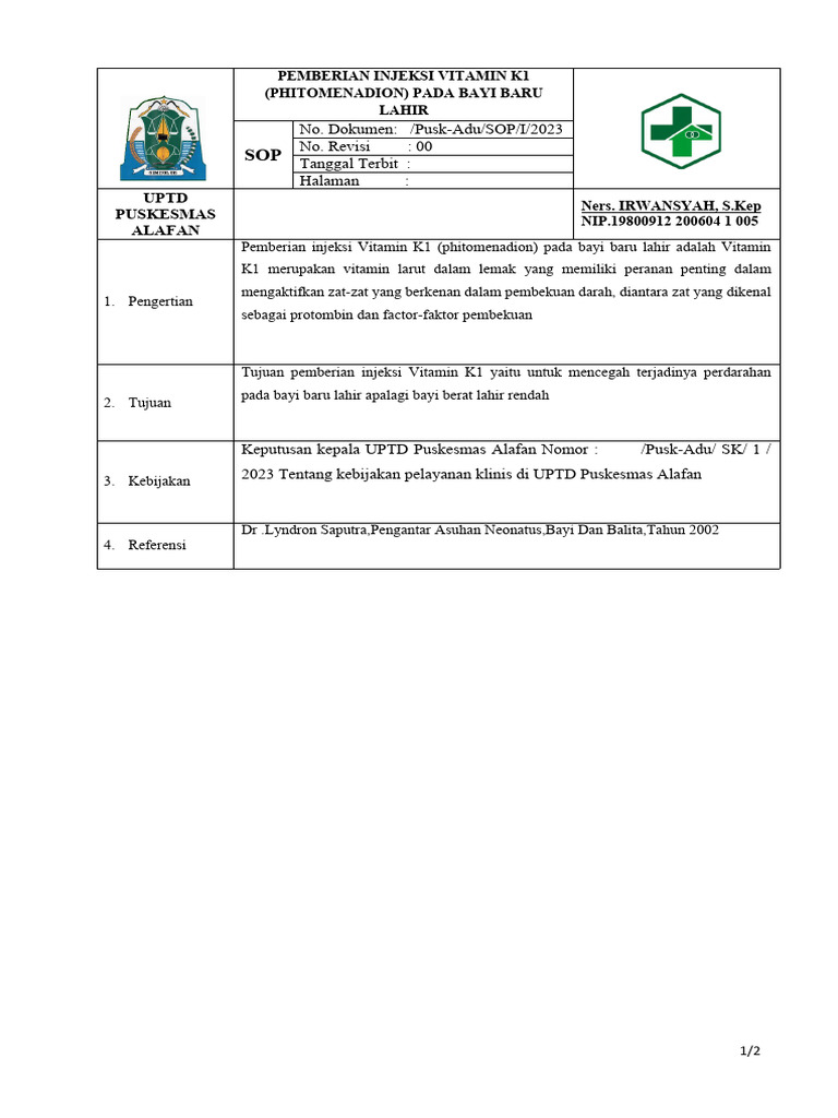 38. Sop Pemberian Vitamin k1 | PDF