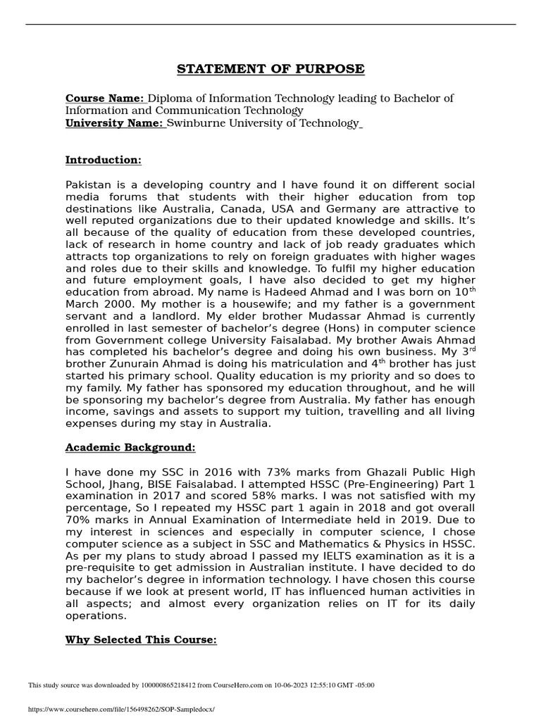 SOP Sample | PDF | University | Bachelor's Degree