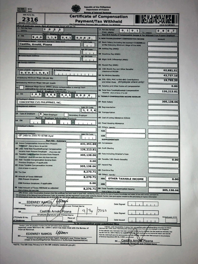 BIR ITR 2306 - Castillo | PDF | Cost Of Living | Salary